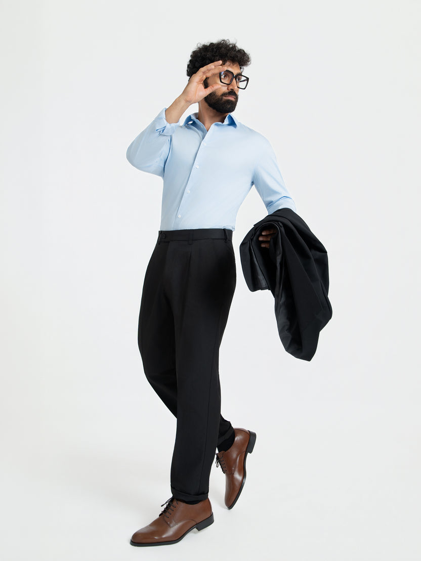 Buy Men Black Straight Fit Pleated Formal Trousers