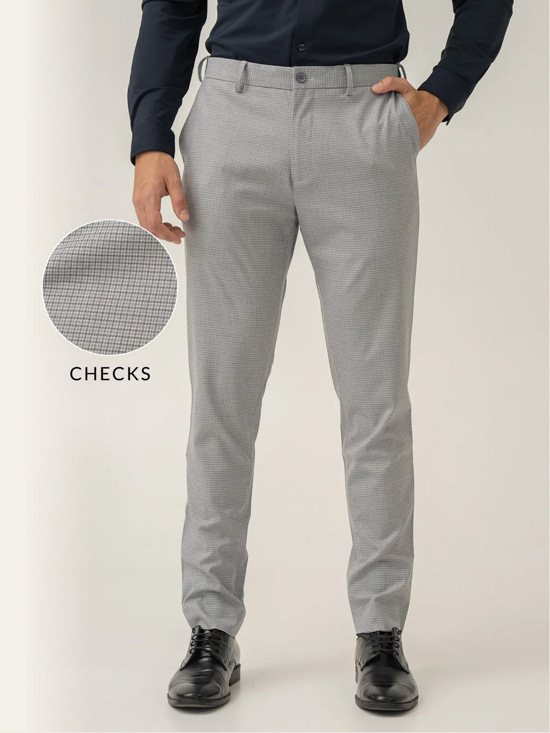 Buy Men Grey Micro Checks Slim Fit Stretchable Workwear Pant