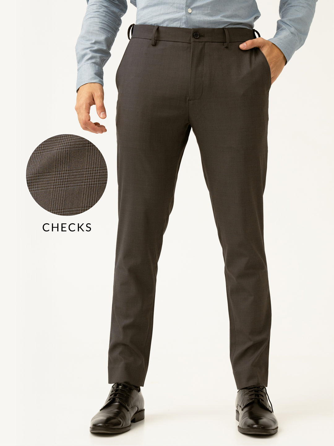 Buy Men's Charcoal Checkerd Slim Fit Lightweight Formal Trousers Online