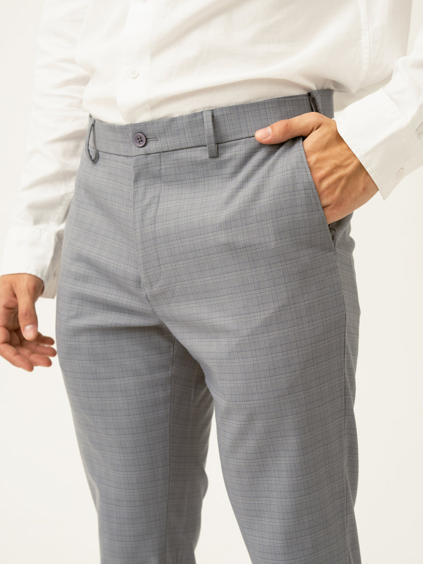 Buy Men's Dolphin Grey Checkerd Slim Fit Formal Trousers Online