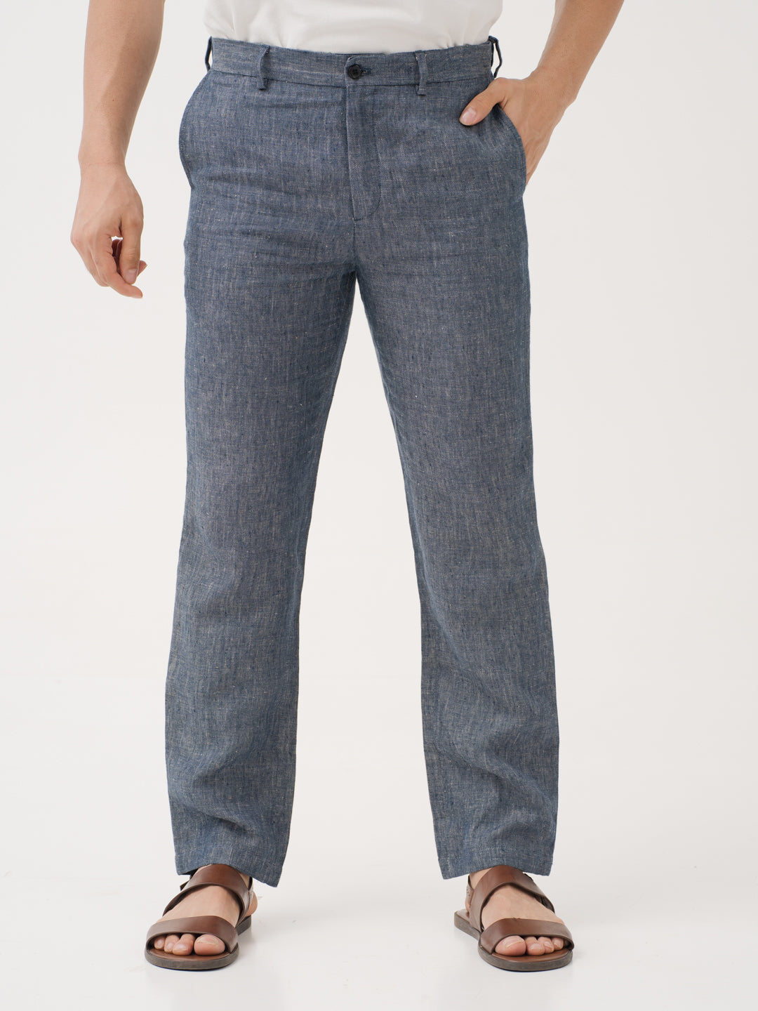 Buy Thryv Indigo Linen Sorona Pants For Men Online