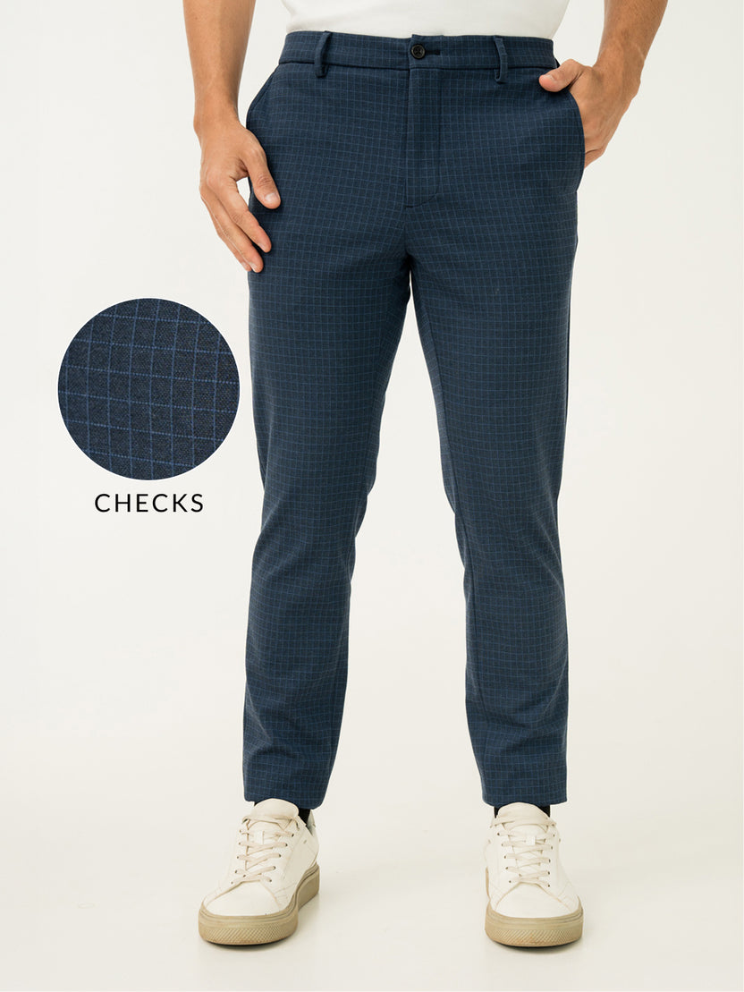 Buy Men Blue Checks Slim Fit Stretchable Workwear Pant