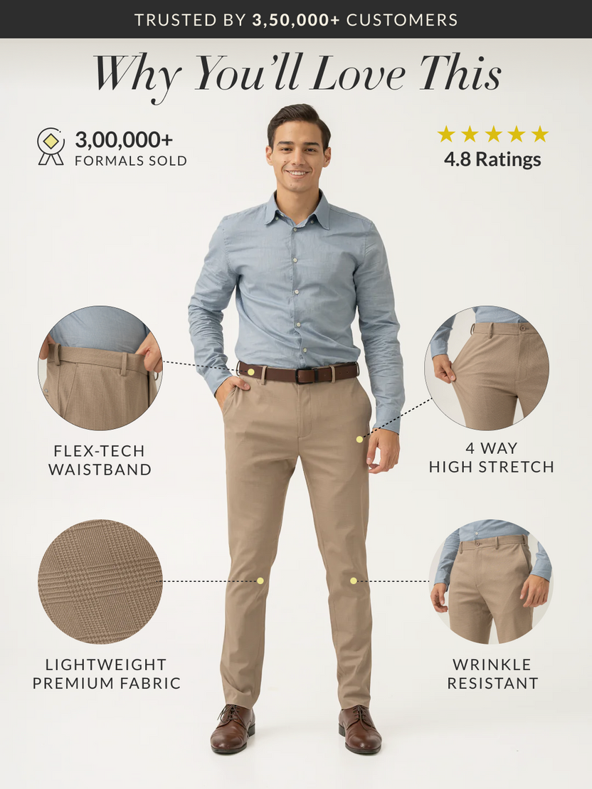 Buy Men's Khaki Checkerd Slim Fit Lightweight Formal Trousers Online