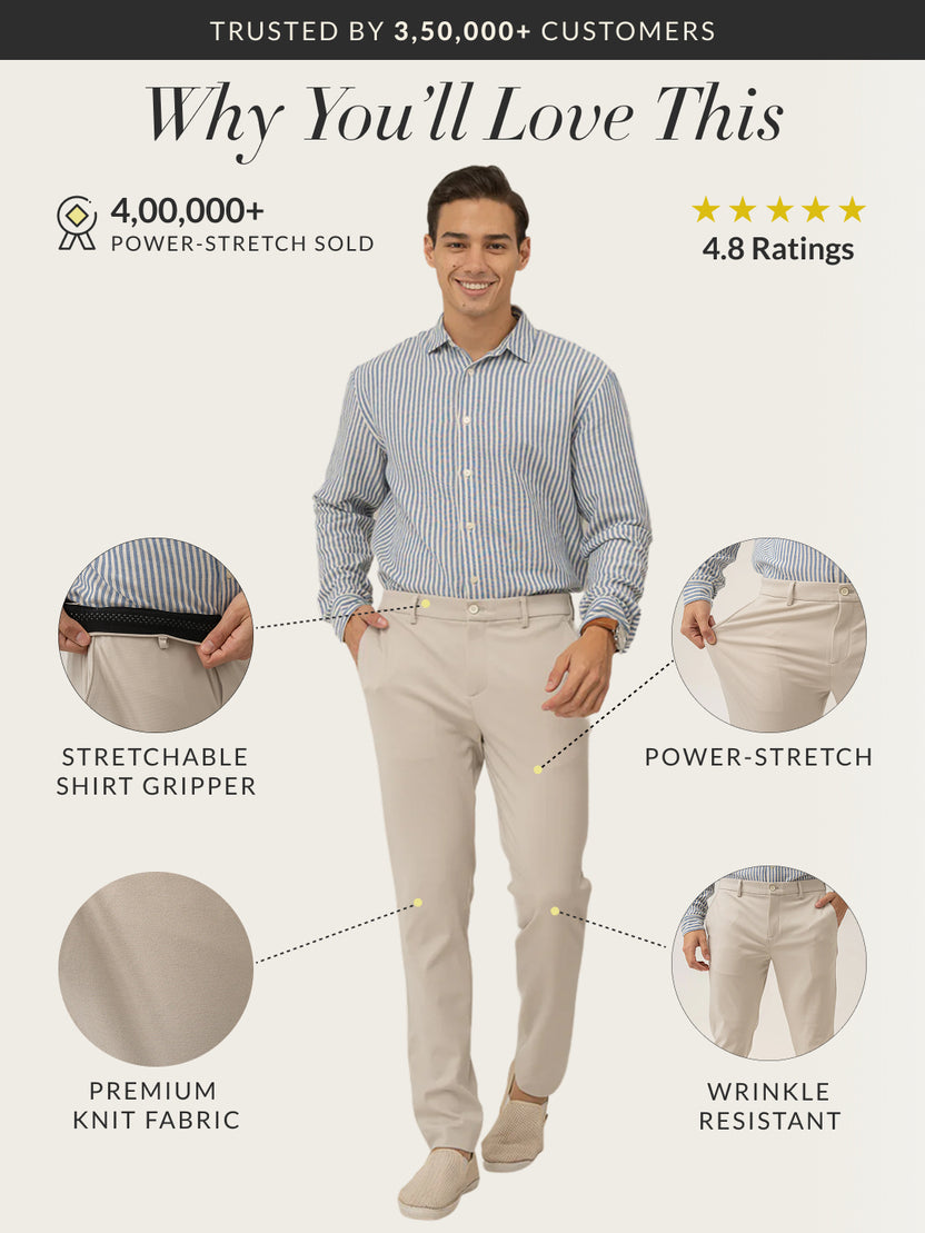 Buy Men Soft Cream Slim Fit Power-Stretch Pants